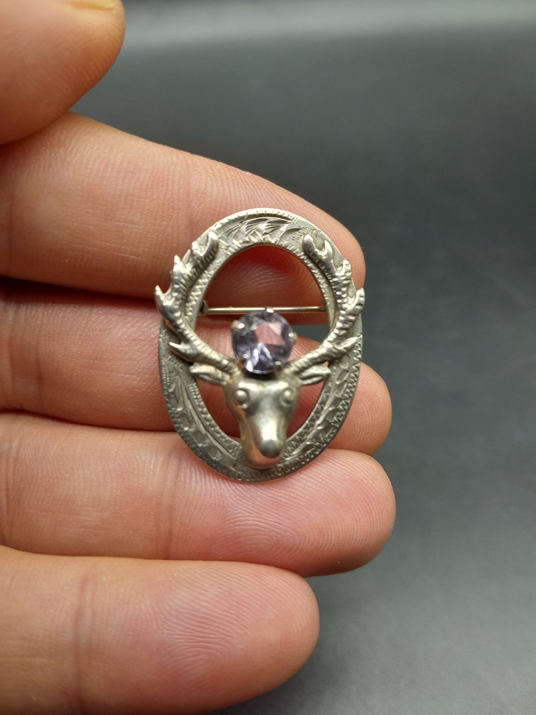 Vintage Mid Century Scottish Stag Oval Stone Set Brooch Signed Ward ...