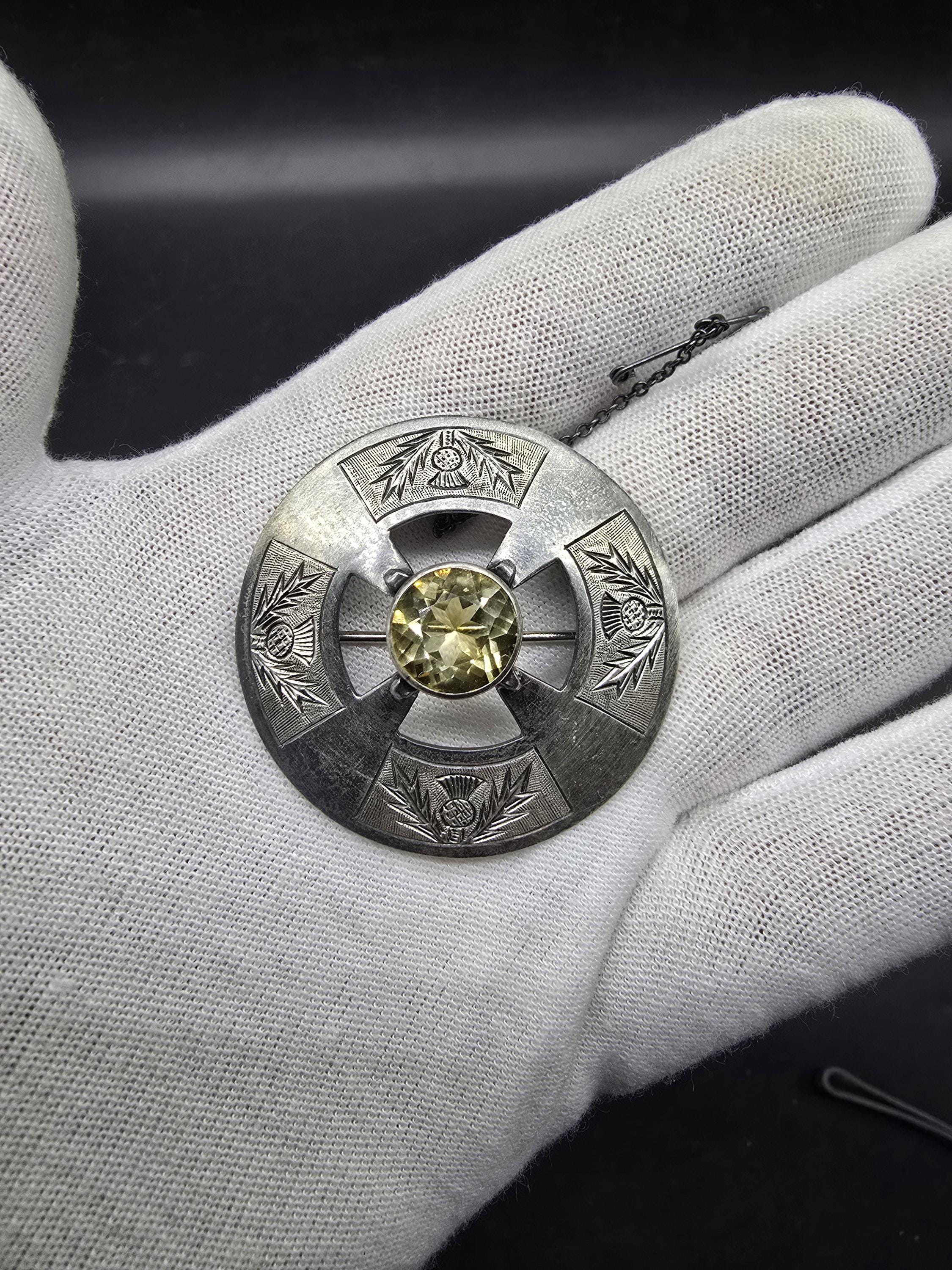 Beautiful Vintage Scottish Plaid Brooch Sterling Silver Citrine Thistle ...