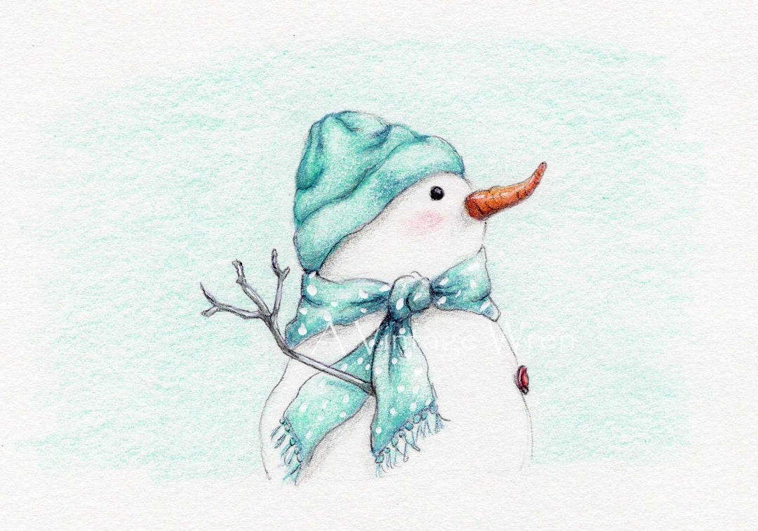 Snowman Print With Double Mat / Snowman Painting / Winter Snowman Art ...