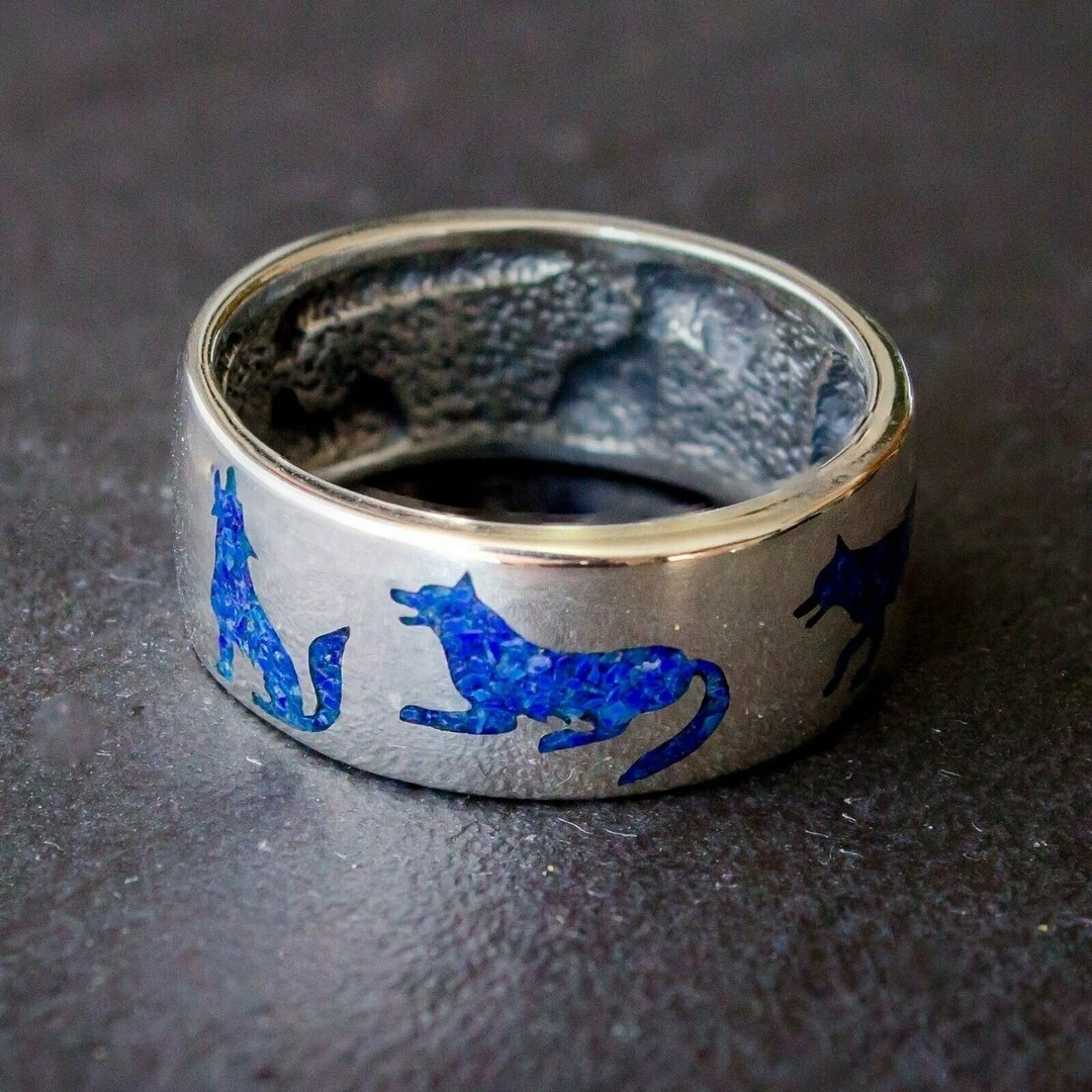 Sterling Silver Wolves Ring With Lapis Lazuli Chip Inlay Size - Etsy
