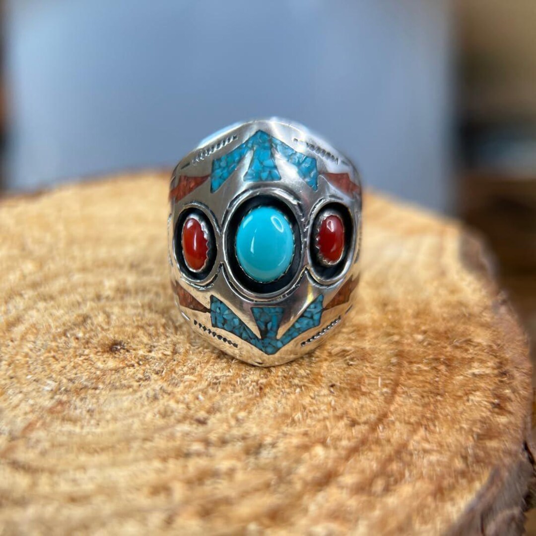 Size 10 or 12 Vintage 925 Sterling Silver Turquoise & Red Coral Ring ...