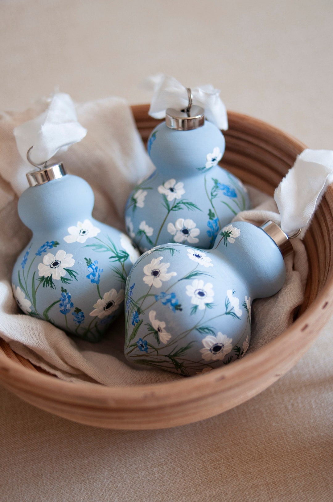 Dusty Blue Hand-painted Ceramic Ornament With Anemones and Blue ...