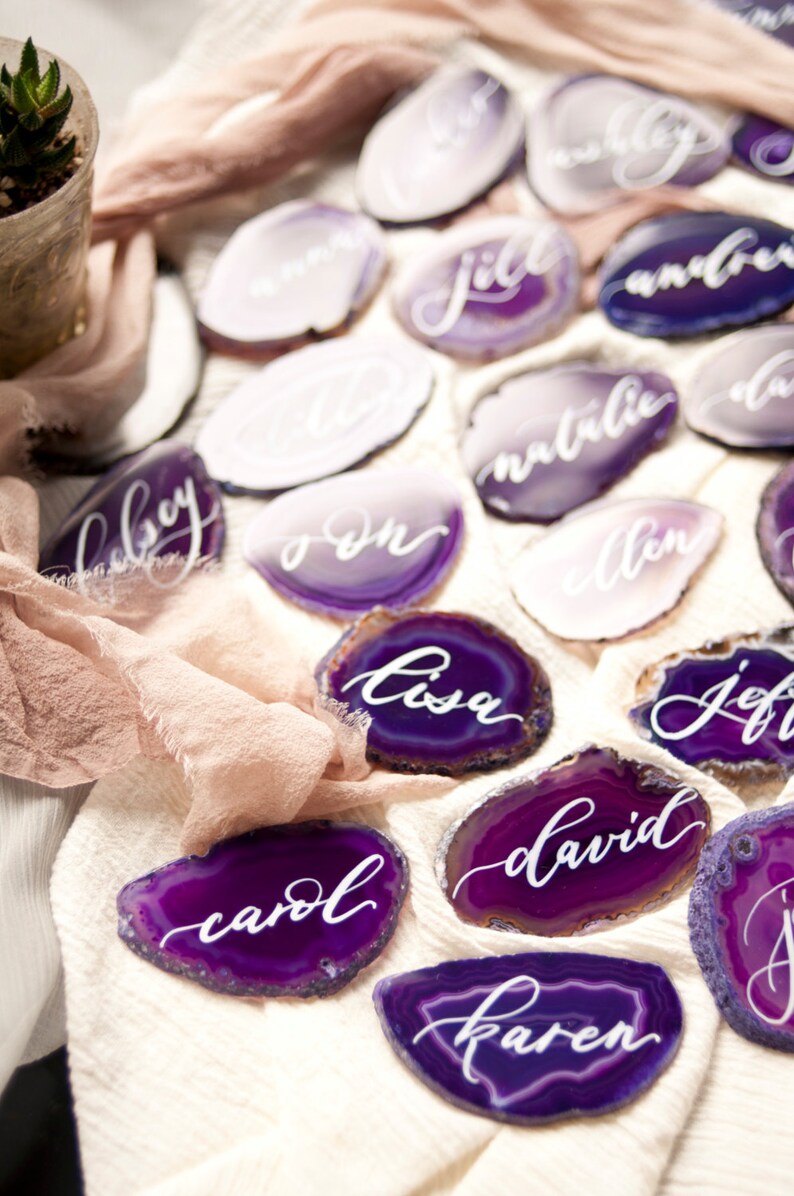 2"-3" Purple Agate Slices Name Cards - Etsy