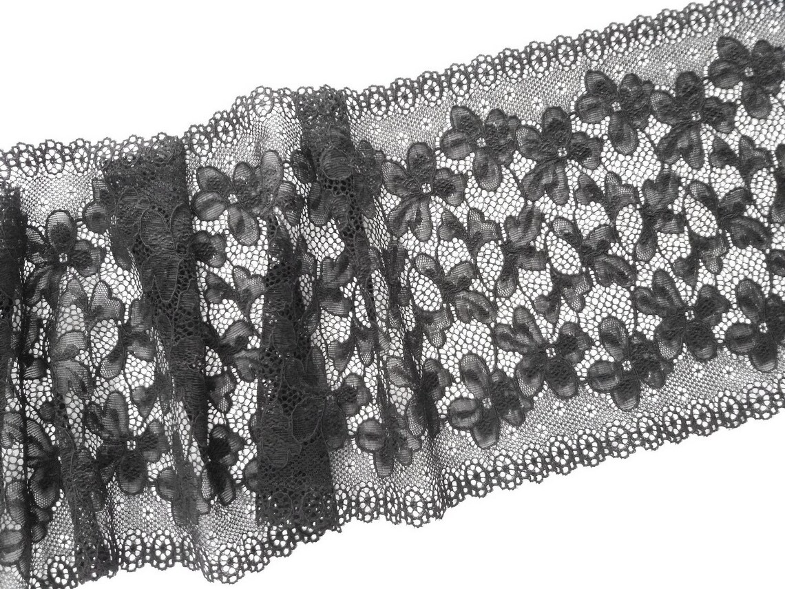 Black Floral Stretch Lace Trim. Wide Elastic Lace for Lingerie, 18.5 Cm ...