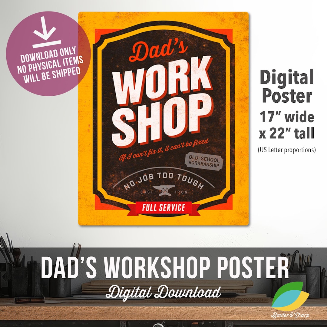 Dad's Workshop Sign Printable Vintage Garage Poster Birthday Gift, Rustic Workshop Wall Art, Man ...