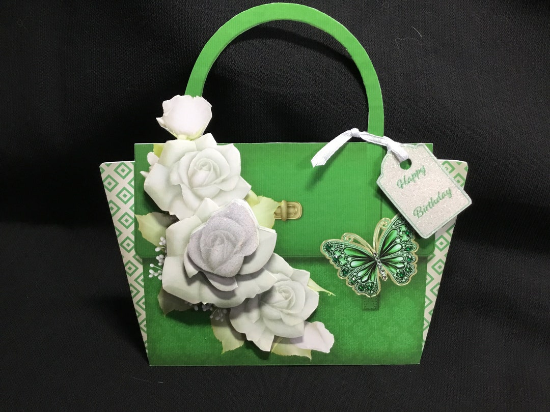 Emerald Green With White Roses, Handbag Shaped 3D Decoupage Card ...