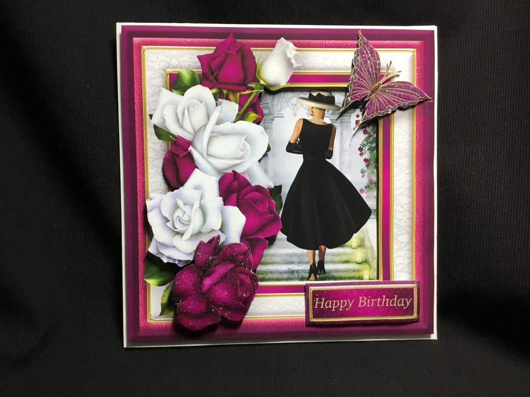 Elegant Lady, 3D Decoupage Card, Personalised, Purple and White Roses ...