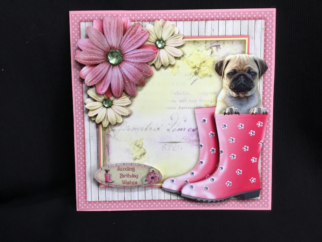 Handmade Pug Birthday Card: 3D Decoupage Pink Boots - Etsy