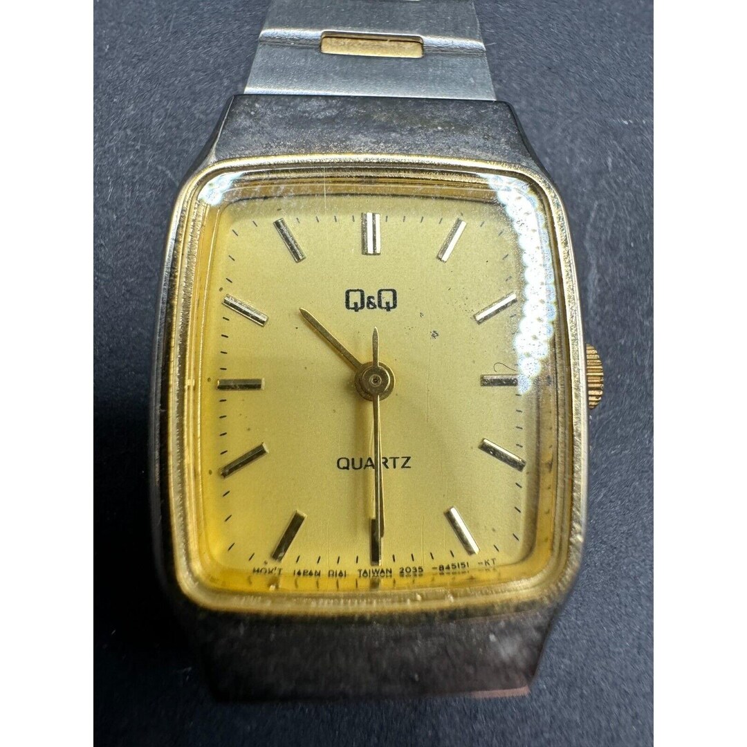 Vintage Q&Q Quartz Japan Made Gold Dial Stainless Steel Rectangle ...