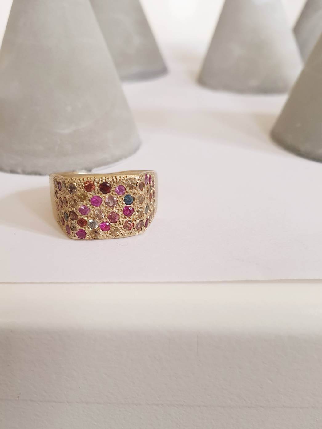 Gold Pinky stamp ring. Multy color saphire ring. Solid gold | Etsy