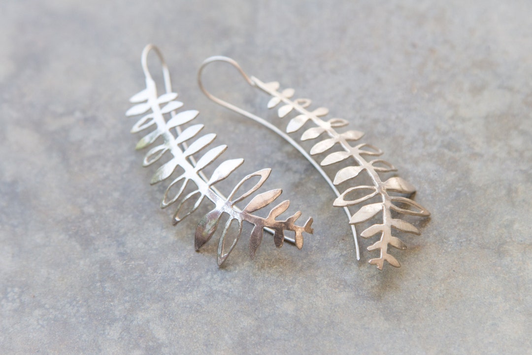 Long Sterling Silver Drop Leaf Earrings. Statement Silver Leaves ...