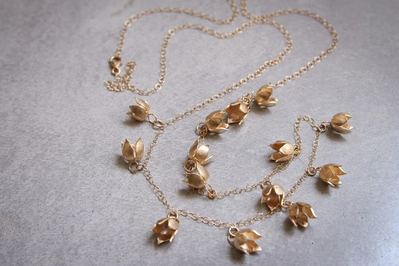 Gold Buds Necklace. Long Flower Statement Necklace. Designer - Etsy Israel