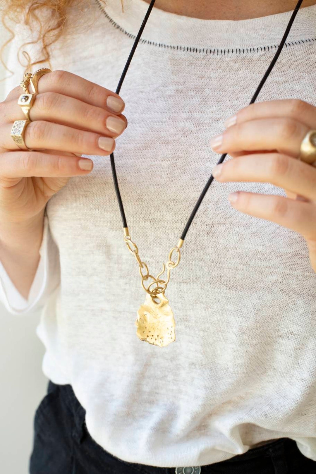 Gold Statement Pendant Necklace. A Long Pendant Necklace. Long Leather ...