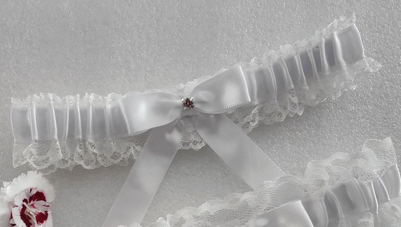 White Lace Garter Set, White Satin, Blue Crystal, Rhinestone, Wedding ...