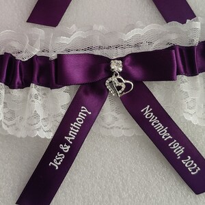 White Lace Garter Set, Plum Color Satin Bow, Double Hearts Charm, Heat ...