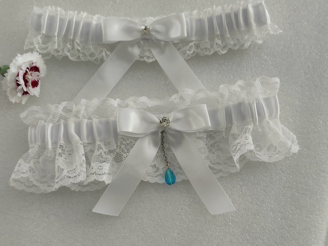 White Lace Garter Set, White Satin, Blue Crystal, Rhinestone, Wedding ...
