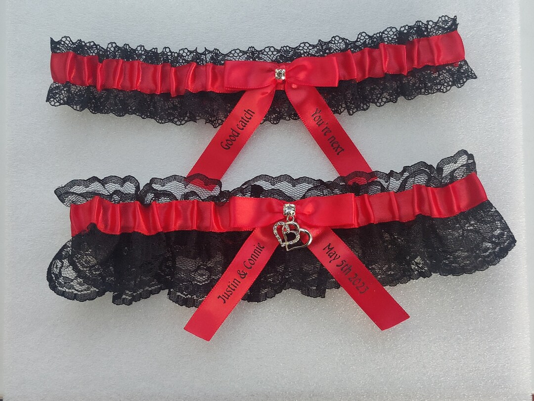 Personalized Black Lace Garter Set, Red Satin Bow, Keepsake Rhinestone ...