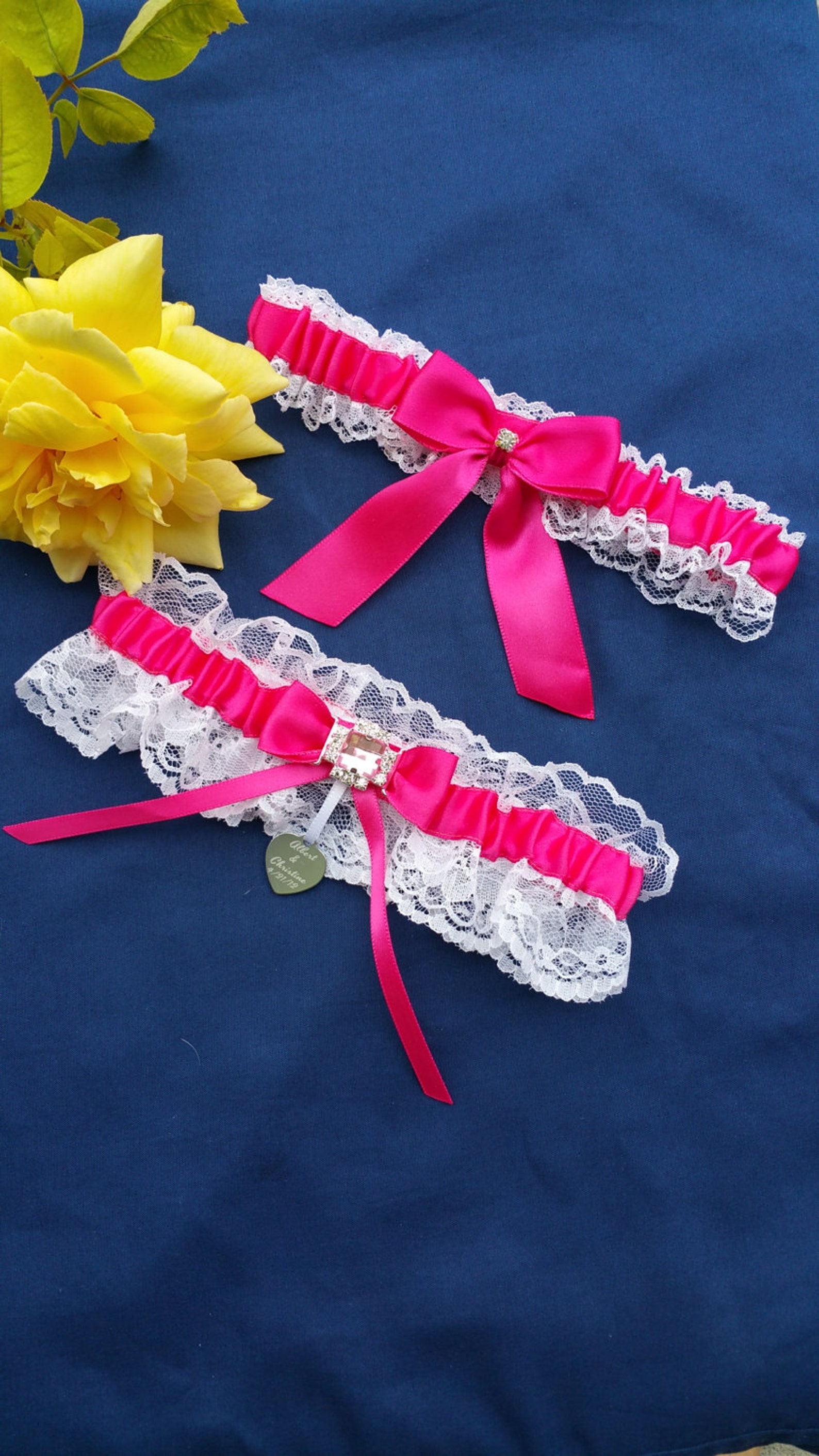 White Lace Hot Pink Satin Garter Set Rhinestone Connector - Etsy