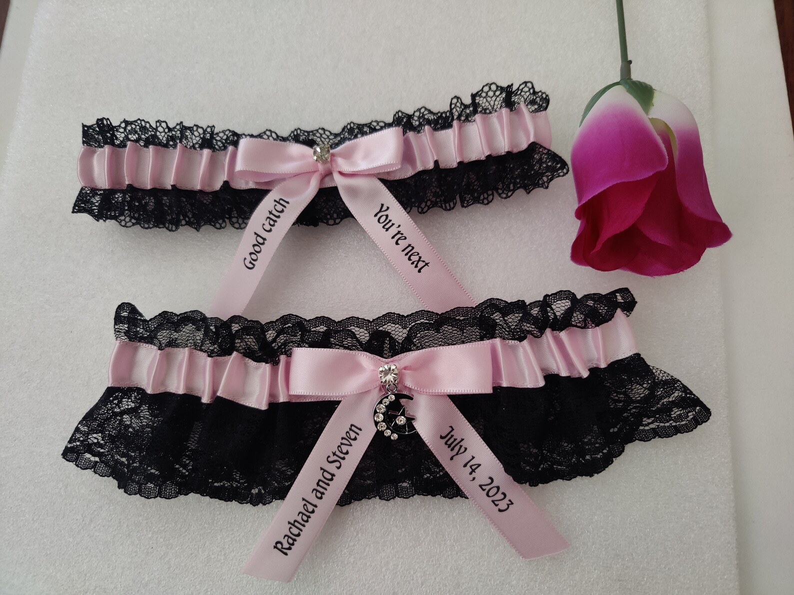 Personalized Black Lace and Light Pink Bow Garter Sets, Moon and Star ...