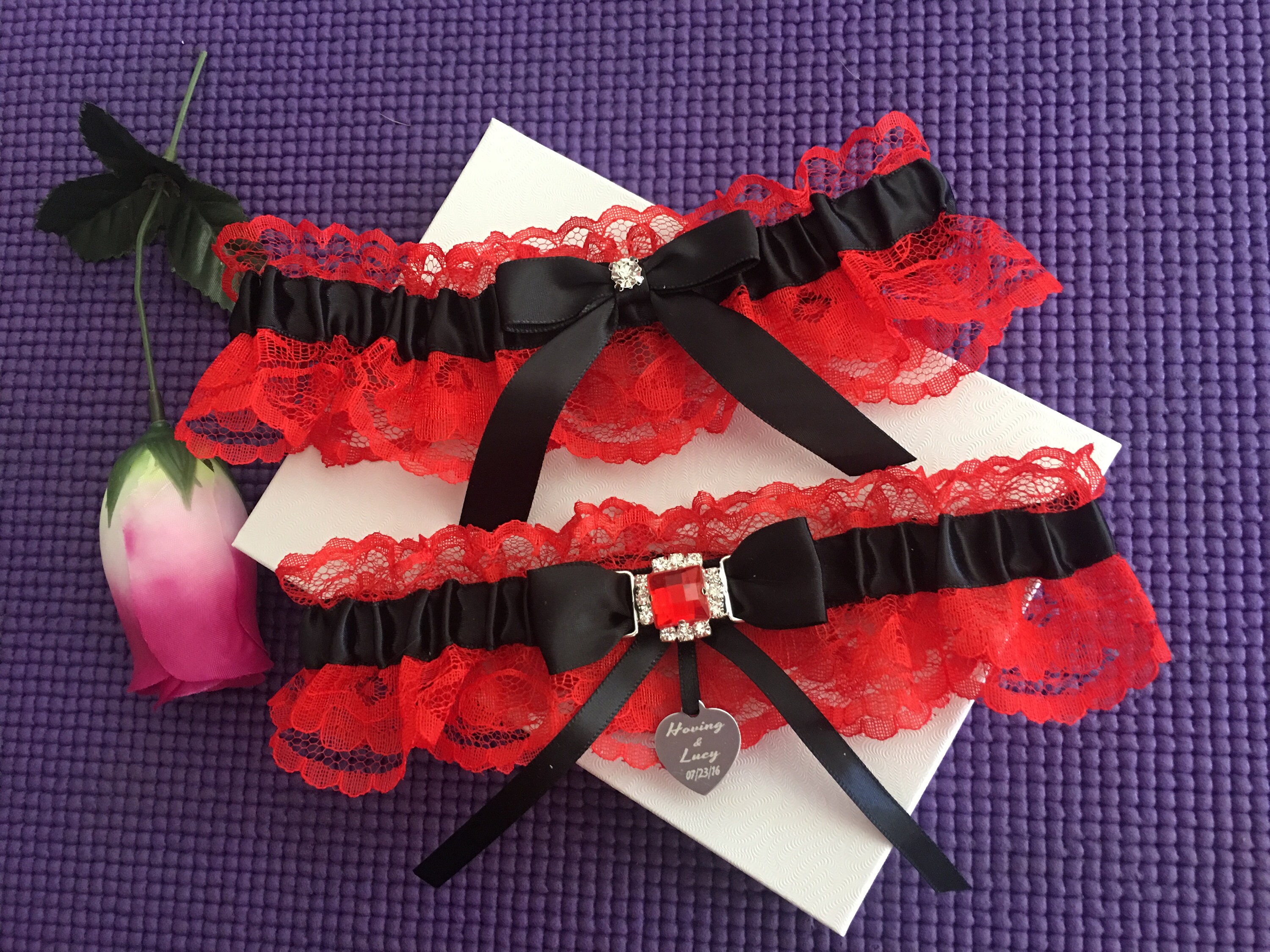 Red lace garter set Black satin Red rhinestone connector | Etsy