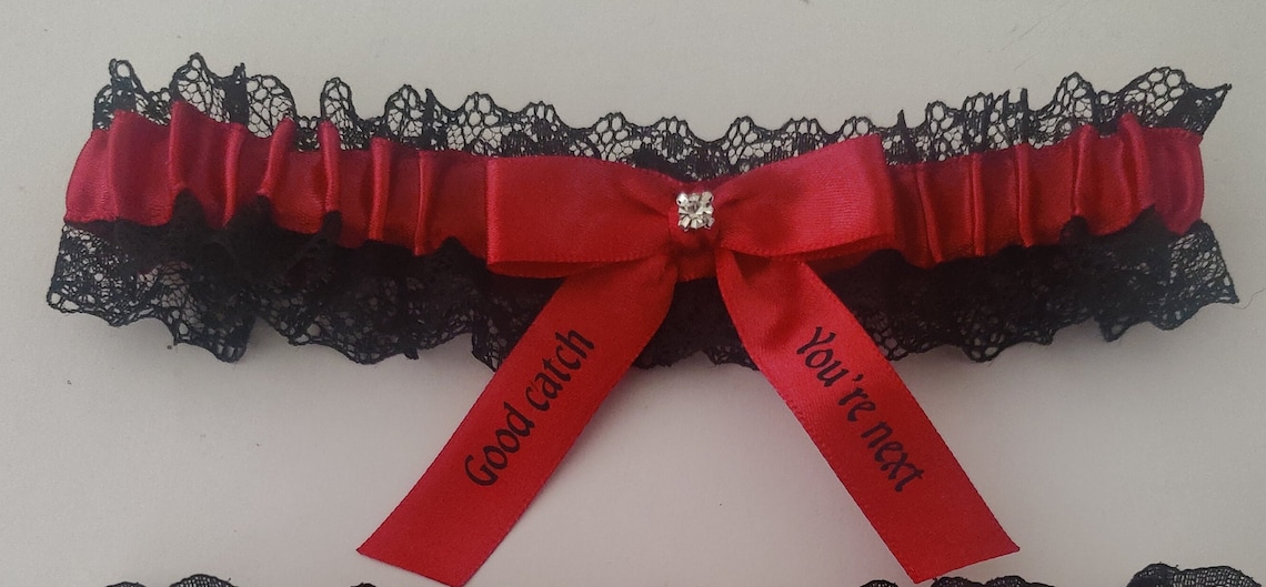 Black Lace Garter Set, Red Satin Bow, Rhinestone Hearts Charm, Heat ...
