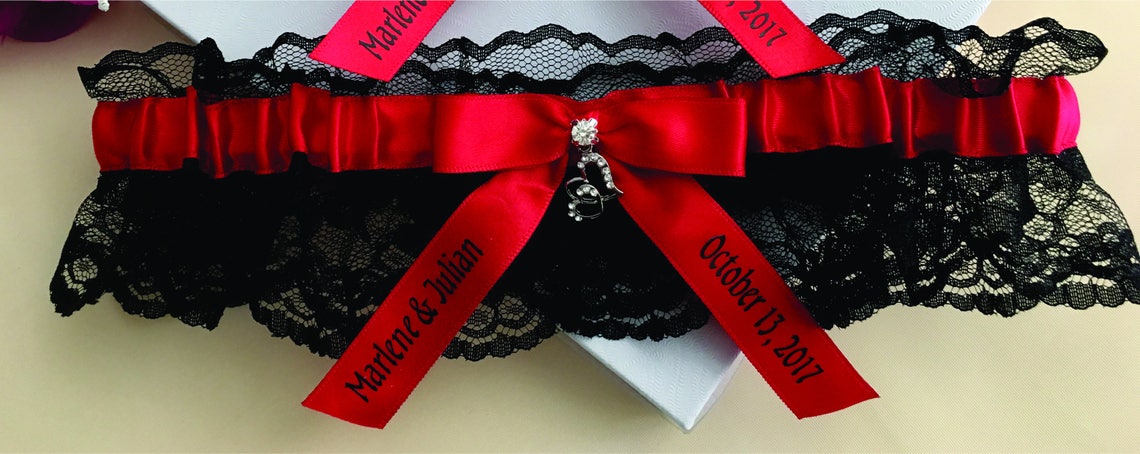 Personalized Black Lace Garter Set Red Satin Bow Rhinestone - Etsy