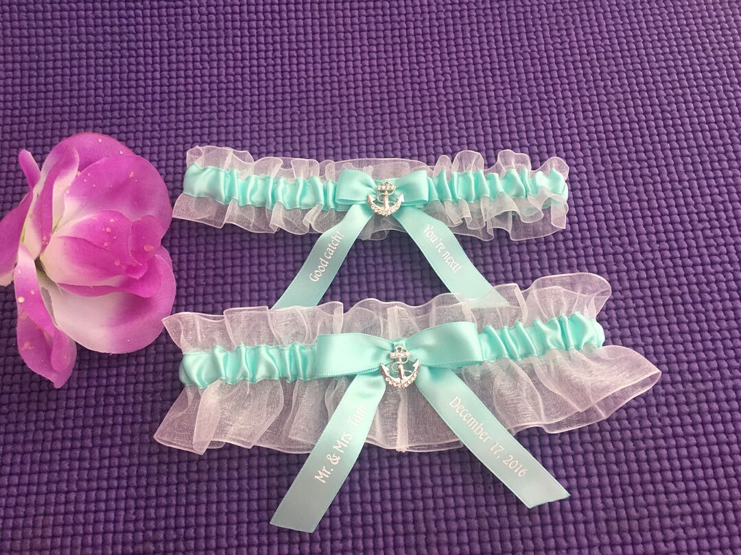 Personalized White Organza Garter Set, Aqua Satin Bow, Rhinestone ...