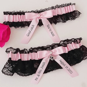 Personalized Black Lace Garter Set, Light Pink Satin Bow, Rhinestone ...