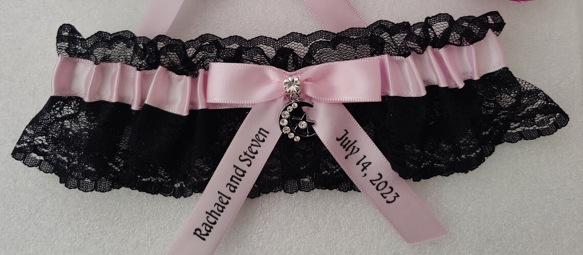 Personalized Black Lace and Light Pink Bow Garter Sets, Moon and Star ...