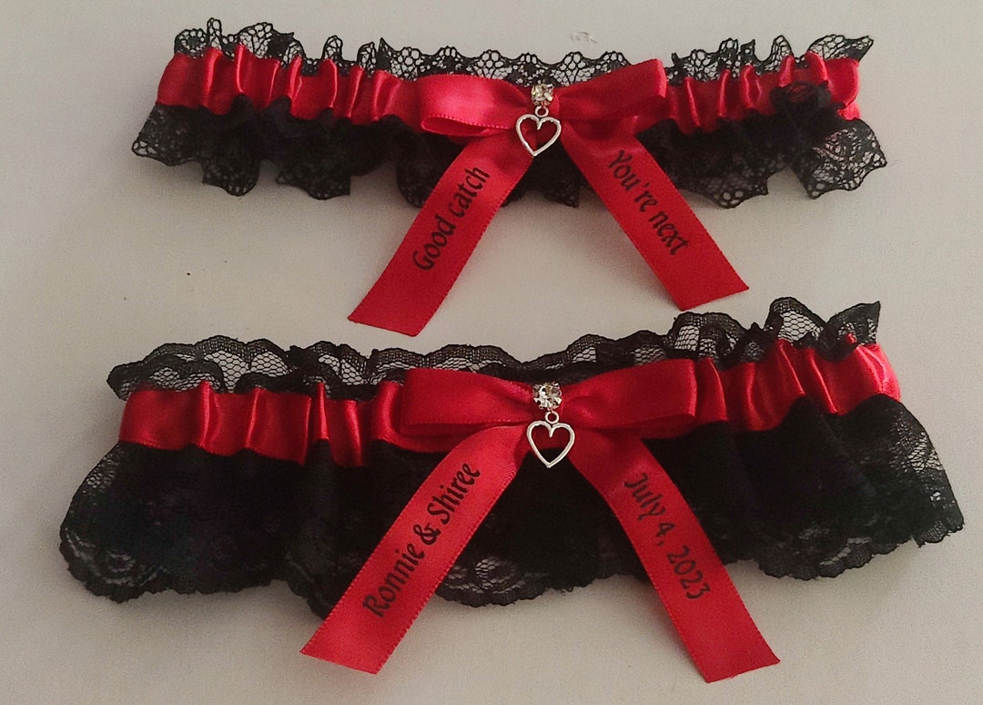 Personalized Black Lace Garter Set, Red Satin Bow, Heart Charm, Heat ...