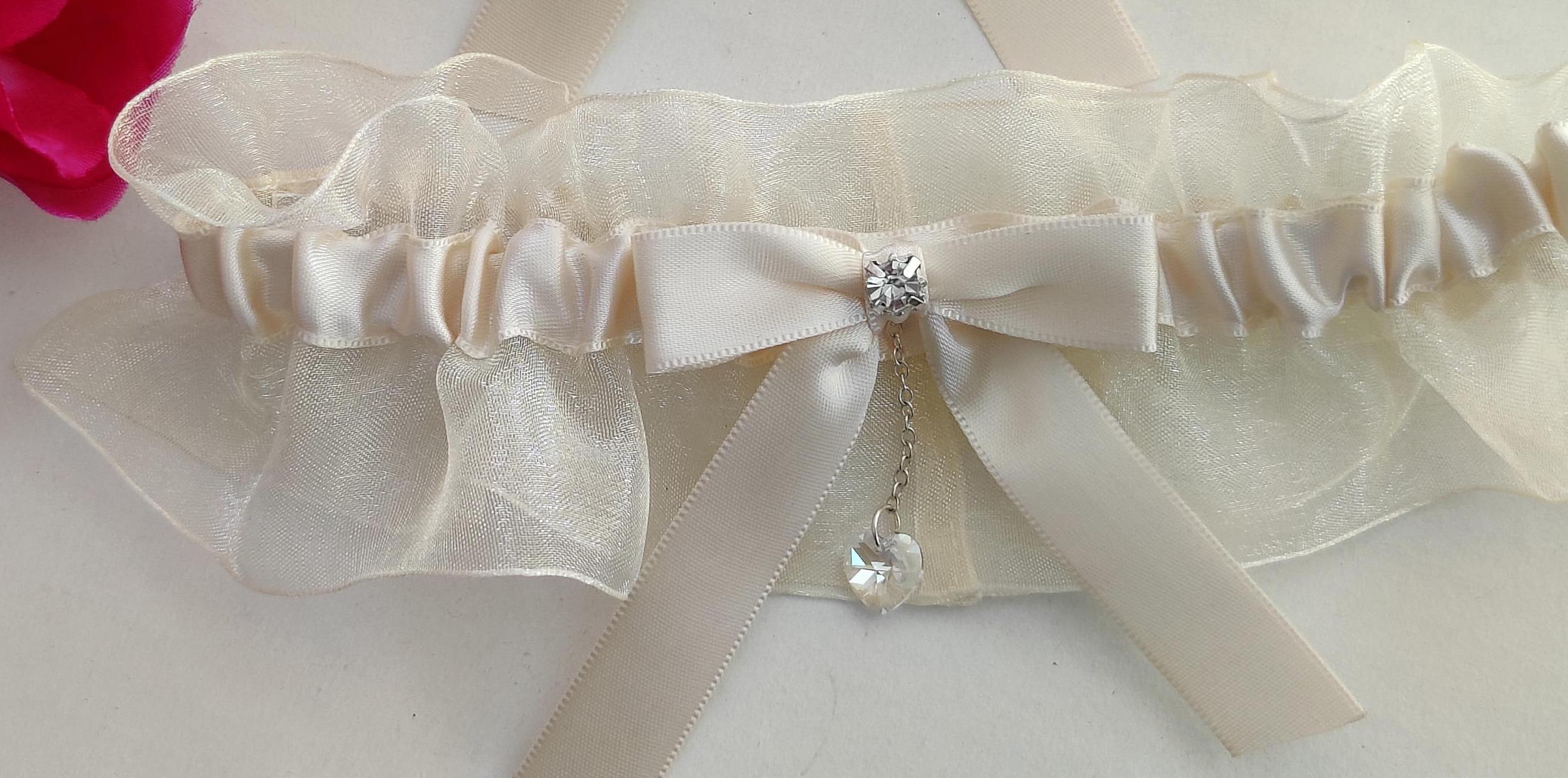 Ivory Organza, Ivory Satin Garter Set, Heart Rhinestone, Bow Satin ...