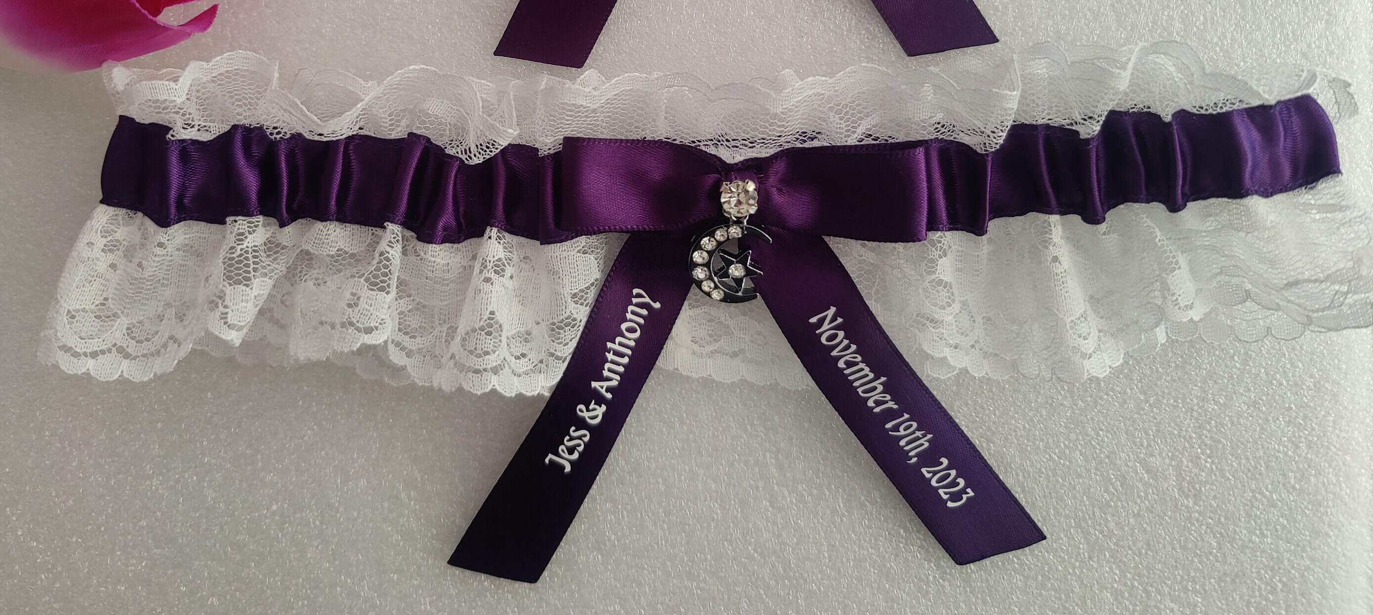 White Lace Garter Set, Plum Color Satin Bow, Moon and Star Charm, Heat ...