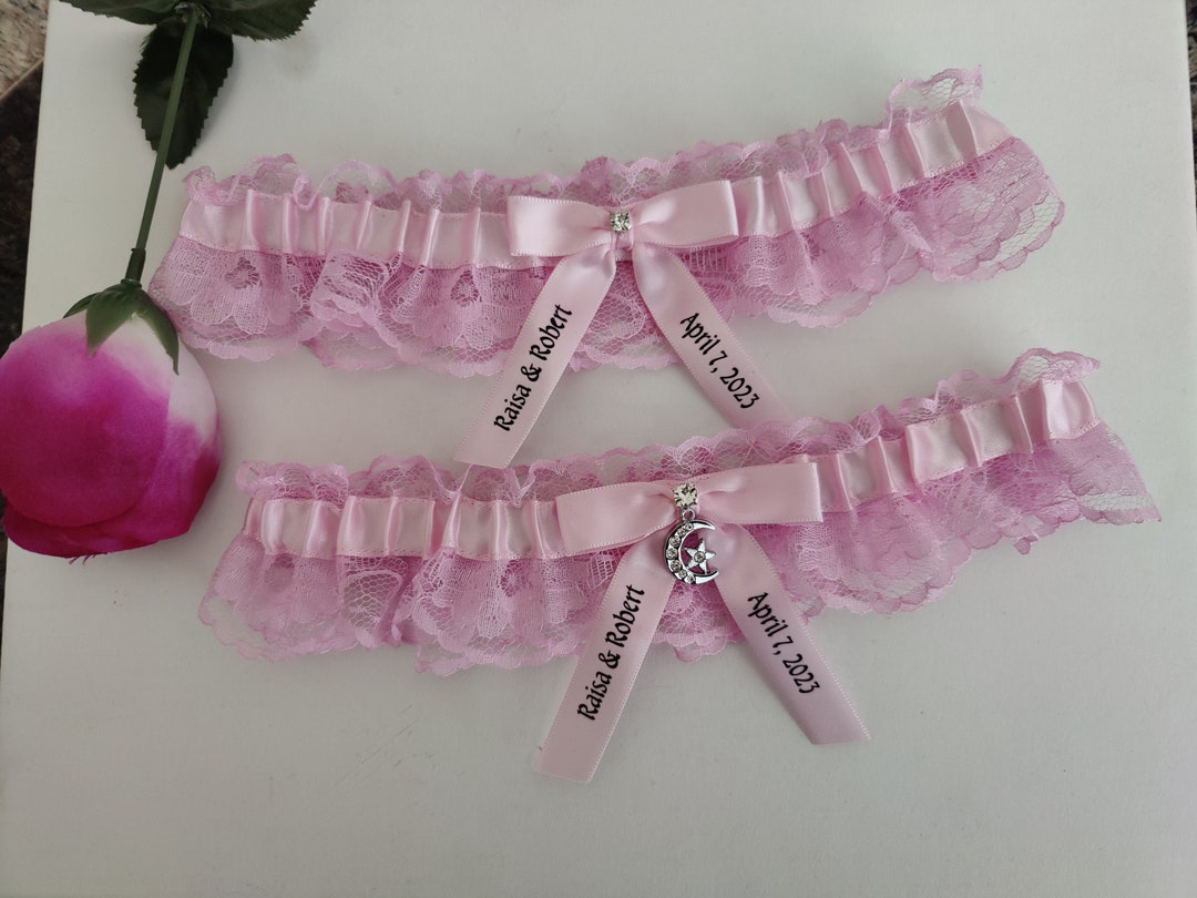 Pink Lace Garter Set, Light Pink Satin Bow, Moon and Star Charm, Heat ...