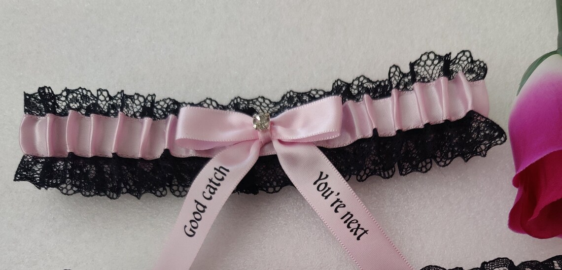 Personalized Black Lace and Light Pink Bow Garter Sets, Moon and Star ...