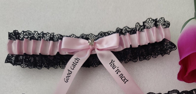 Personalized Black Lace and Light Pink Bow Garter Sets, Moon and Star ...