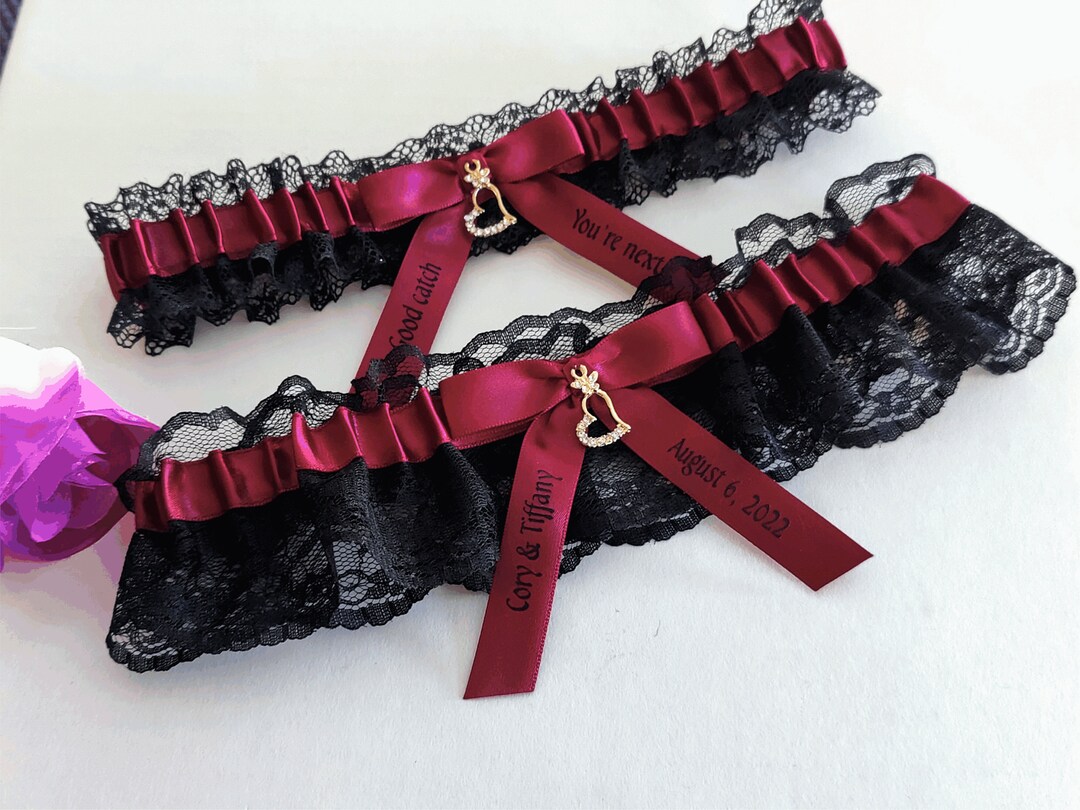 Personalized Black Lace Garter Set, Wine Satin Bow, Rhinestone Gold ...
