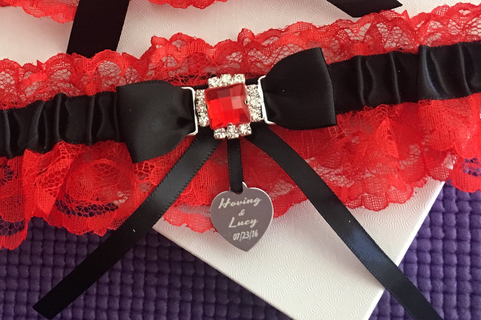 Red lace garter set Black satin Red rhinestone connector | Etsy