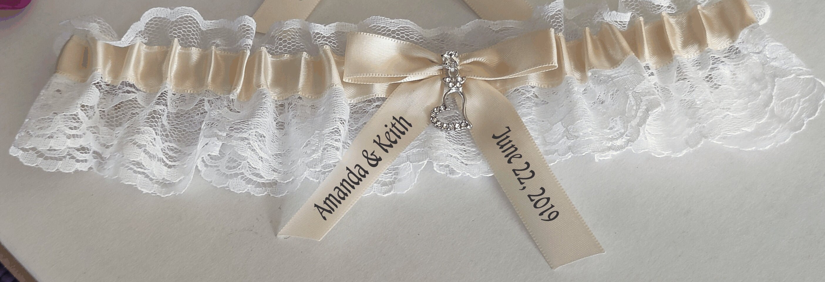 White Lace Garter Set, Ivory Satin, Heart Shape Rhinestone, Black Heat ...