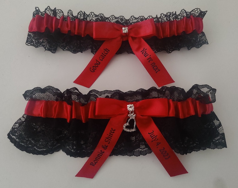 Black Lace Garter Set Red Satin Bow Rhinestone Hearts Charm - Etsy