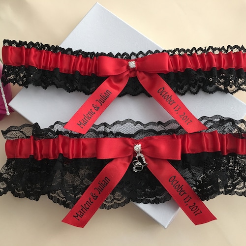 Personalized Black Lace Garter Set Red Satin Bow Rhinestone - Etsy