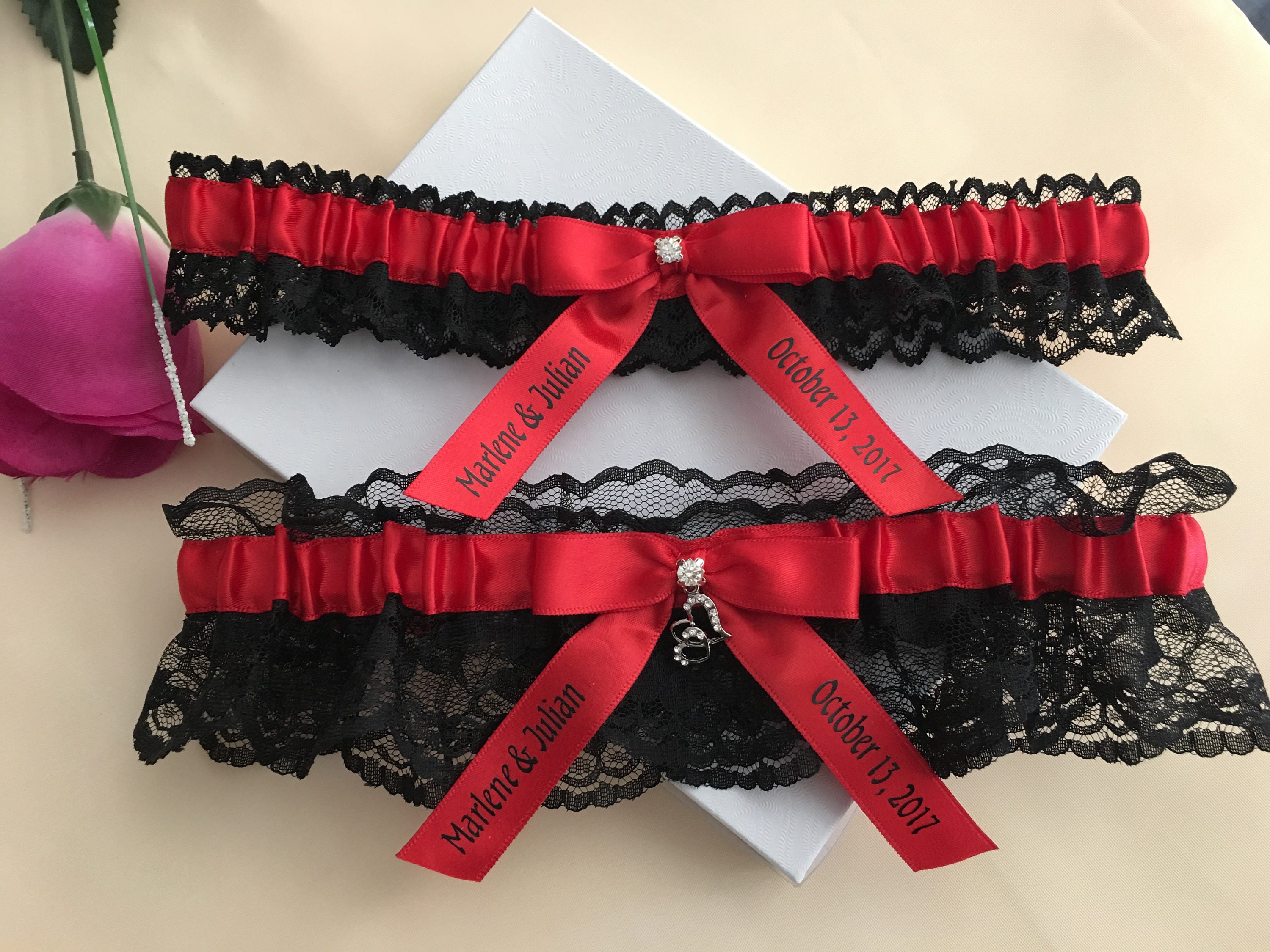 Personalized Black Lace Garter Set Red Satin Bow Rhinestone - Etsy