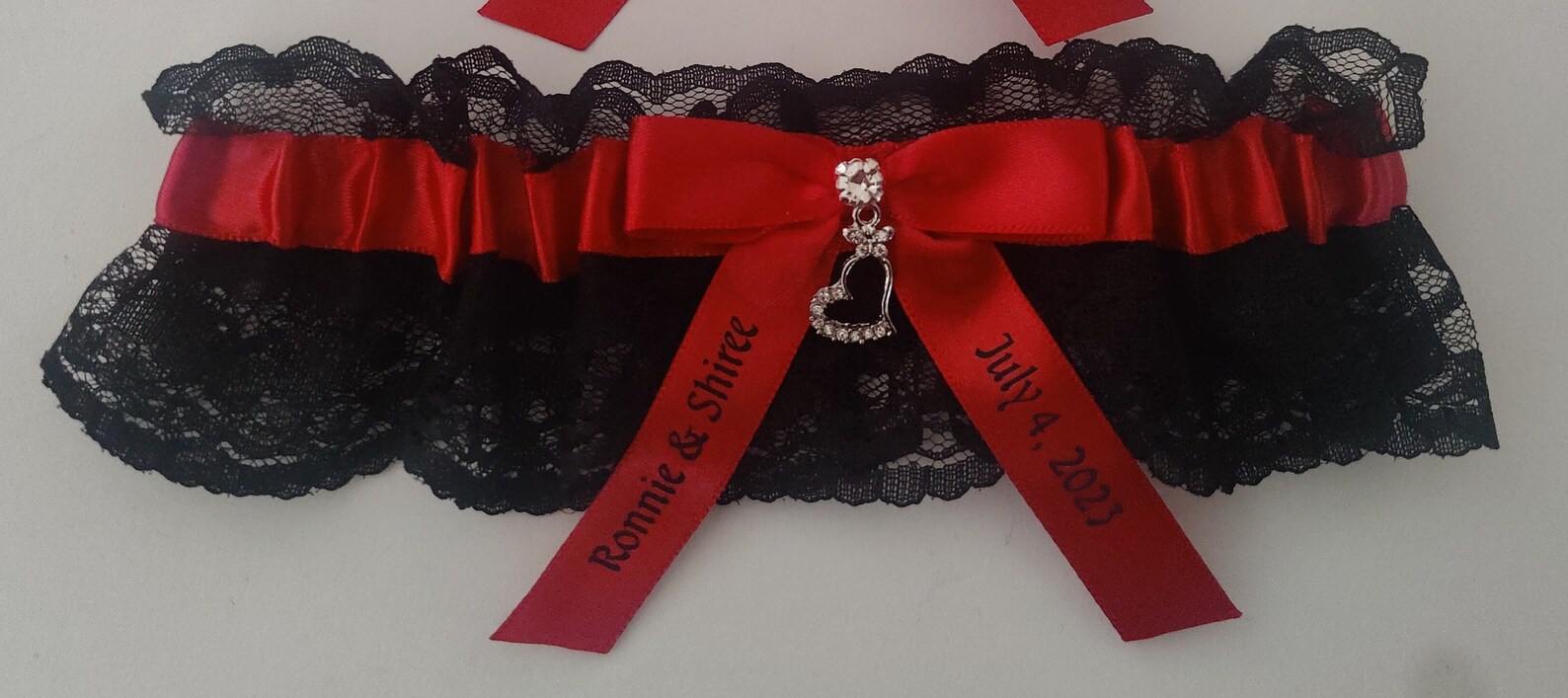 Black Lace Garter Set, Red Satin Bow, Rhinestone Hearts Charm, Heat ...