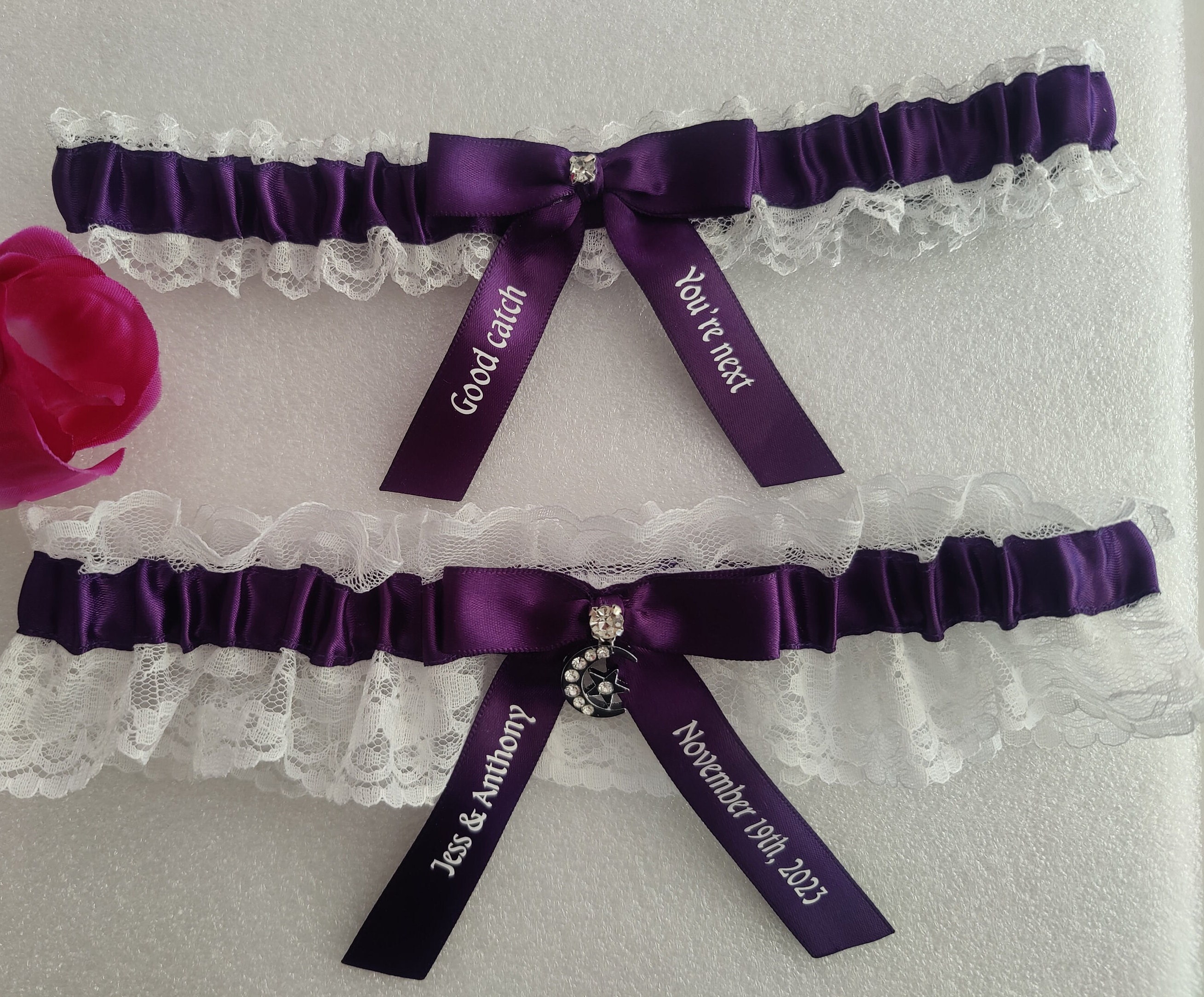 White Lace Garter Set, Plum Color Satin Bow, Moon and Star Charm, Heat ...
