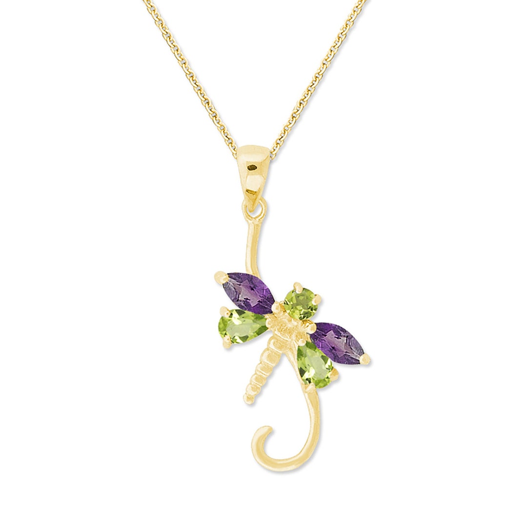 Gemstone Dragon Fly Pendant Necklace - Sterling Silver - Genuine ...