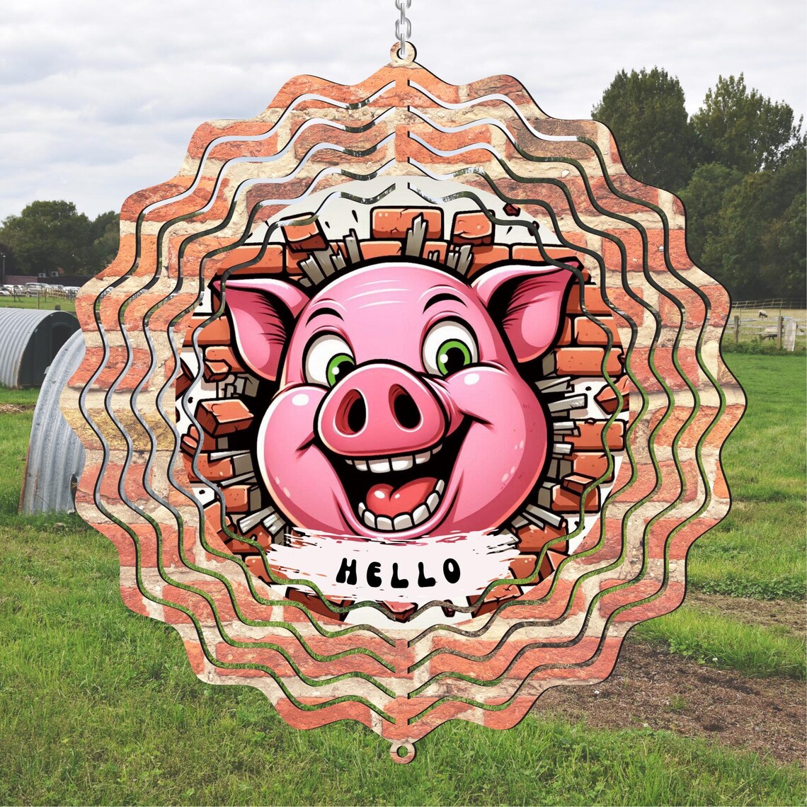 Fat Pink Pig Breaking Through a Brick Wall Wind Spinner, Pink Pig Wind ...