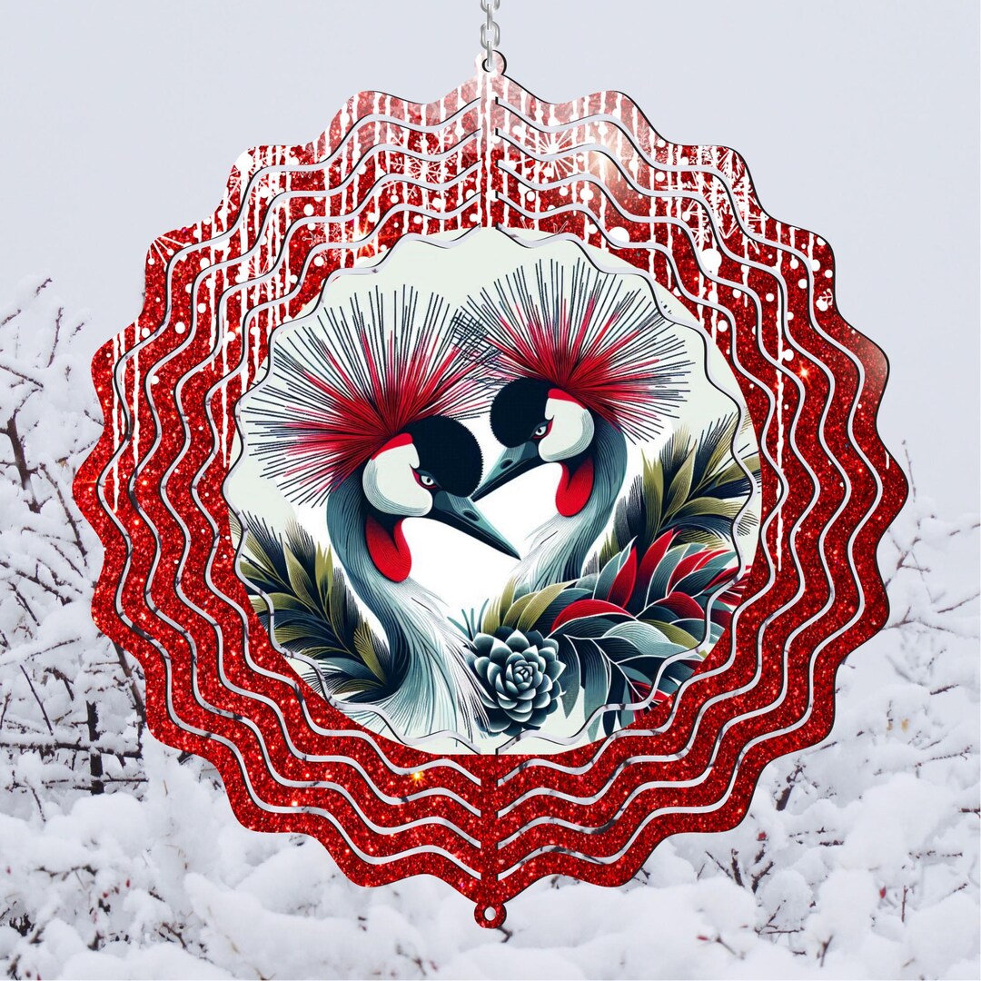 Red Crested Crown Cranes: Winter Scene Aluminum 8 or 10-inch Wind ...