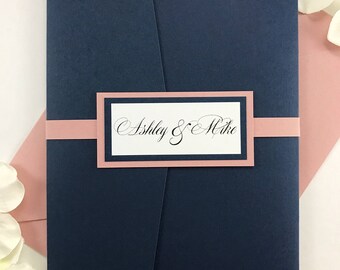 Navy and Dusty Rose pocket folder invites with belly band Navy | Etsy