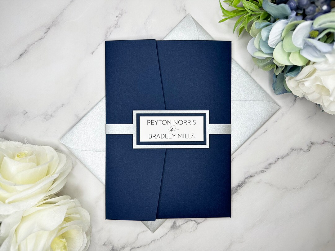 Traditional Navy Blue Wedding Invitations With Silver Accents, Classic ...