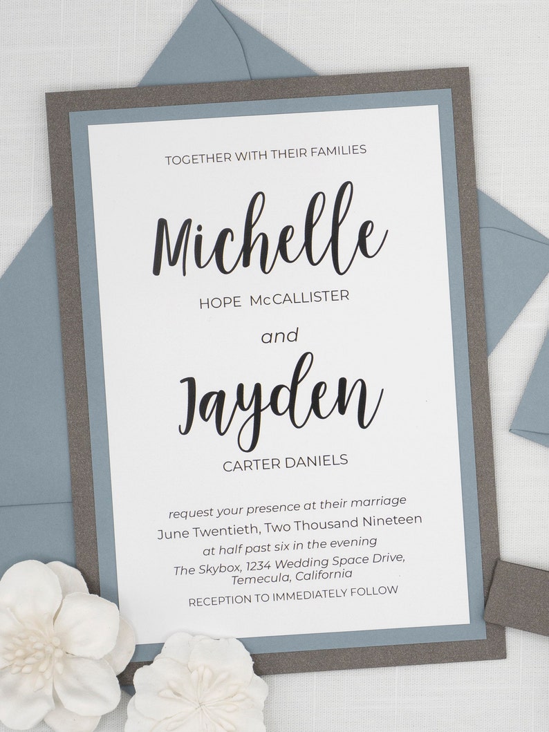 GRAY and DUSTY BLUE Wedding Invitation Set Beautiful Modern | Etsy