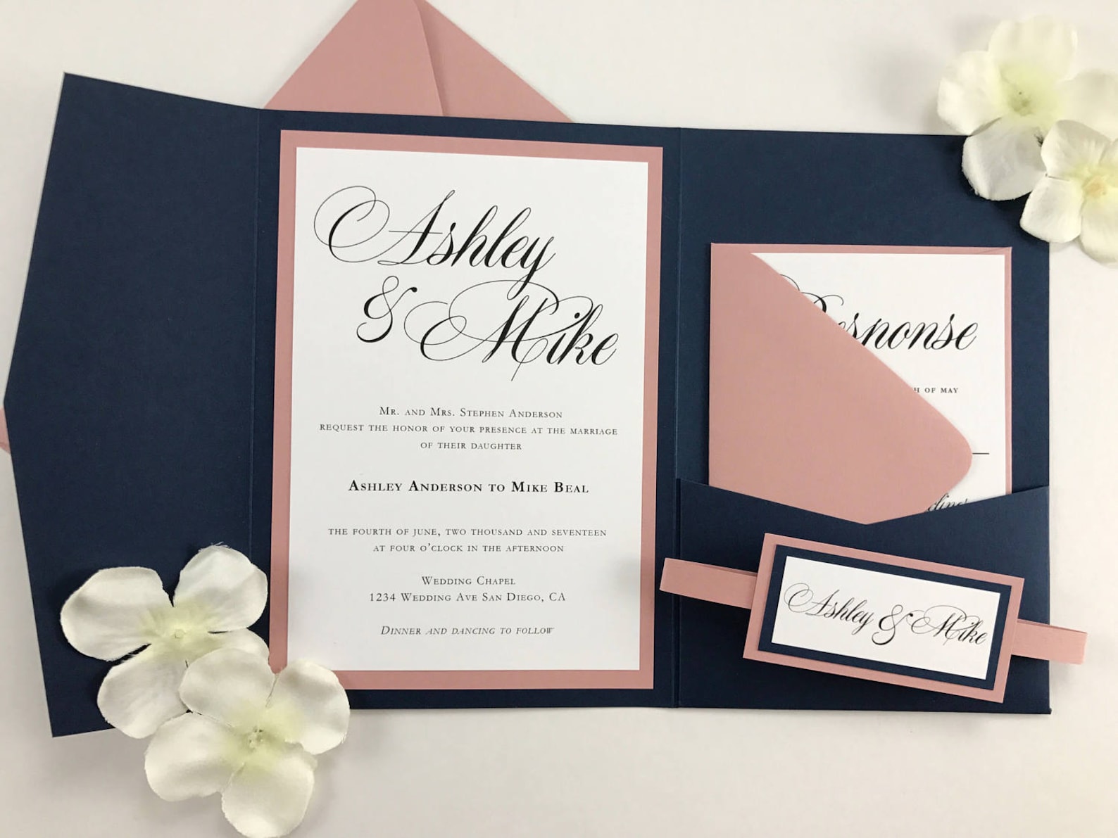 Navy and Dusty Rose pocket folder invites with belly band Navy | Etsy